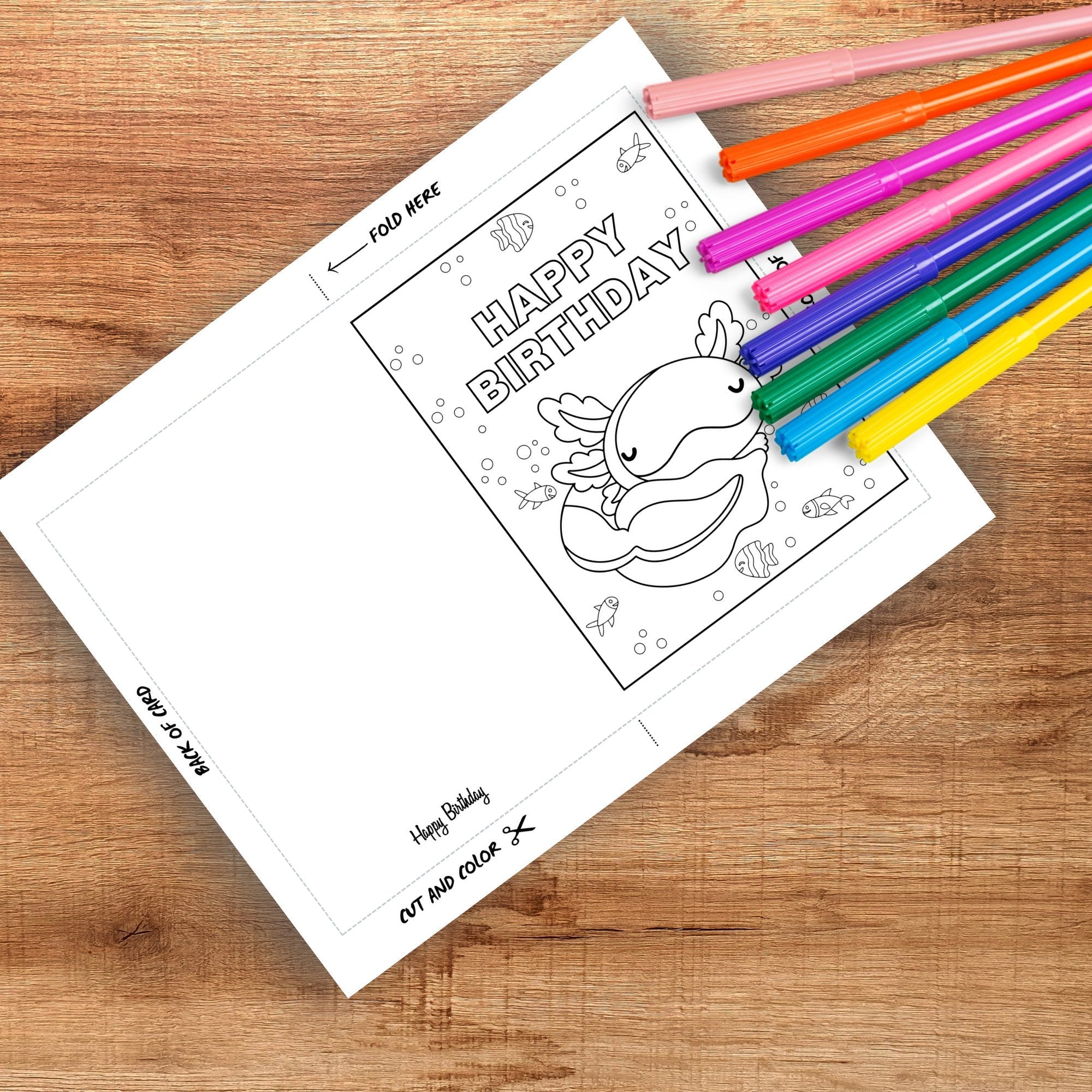 Axolotl Coloring birthday card for children - KY designX