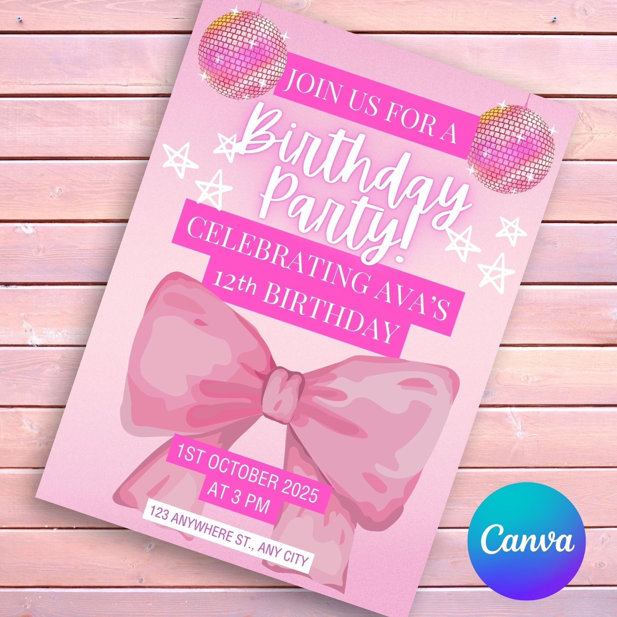 Editable Chic pink party invitation Canva Template - KY designX