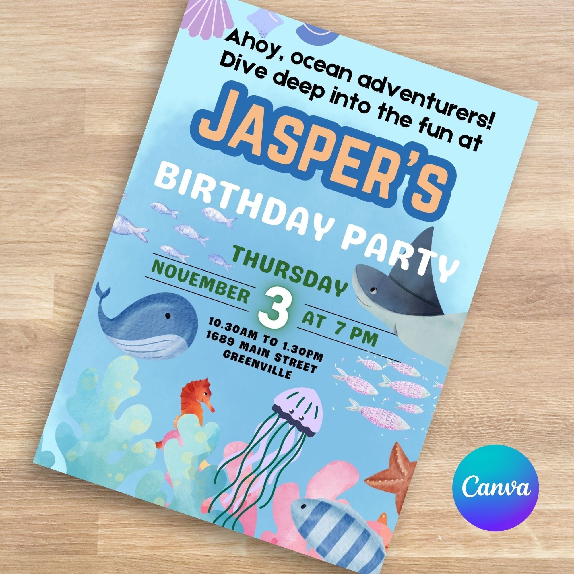 Editable Oceans Adventures Birthday Party Invitation - KY designX