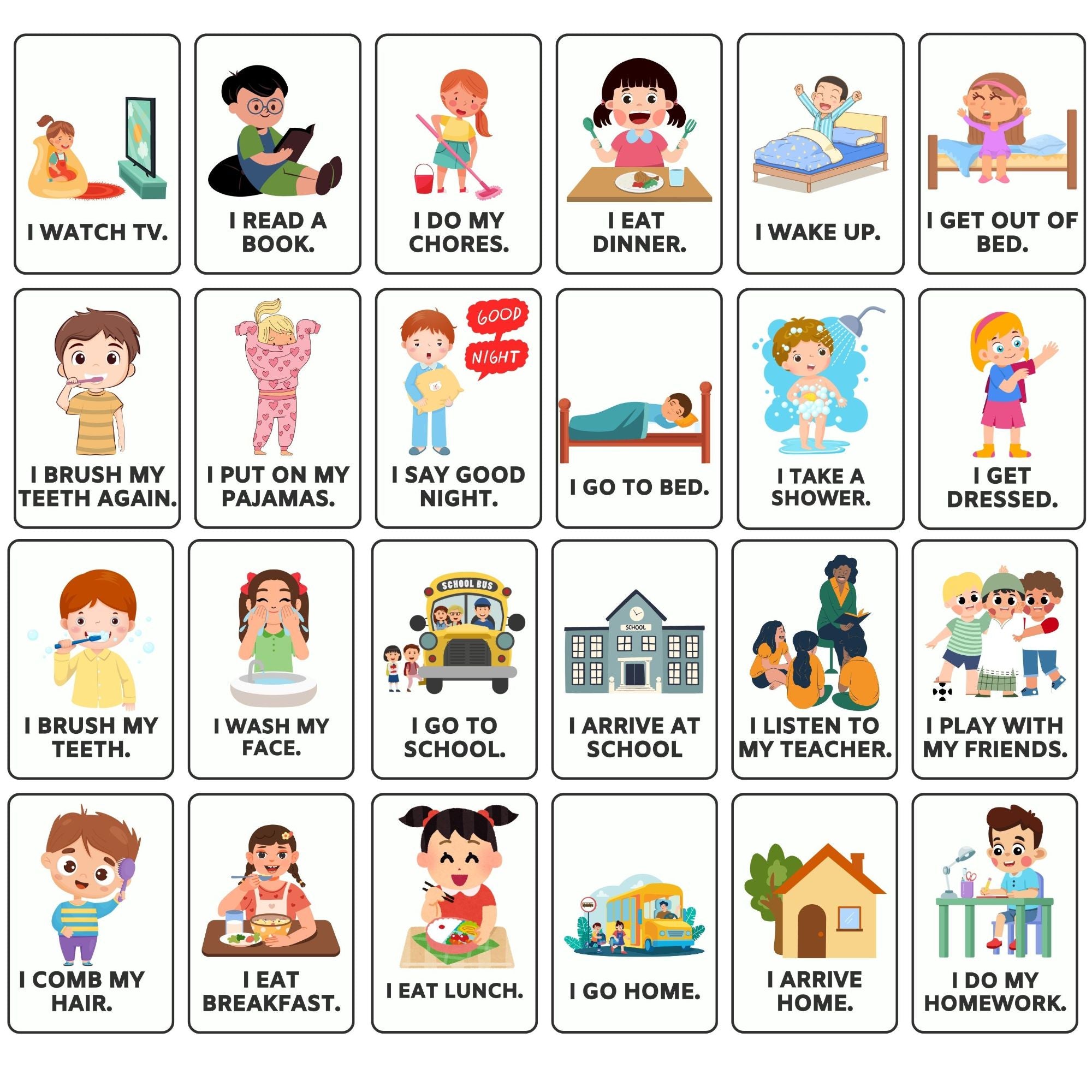 Free Printable ESL flashcards for teaching daily routines - KY designX