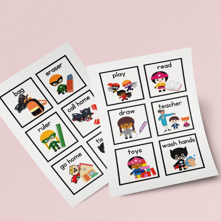 Printable superhero themed communication cards - KY designX